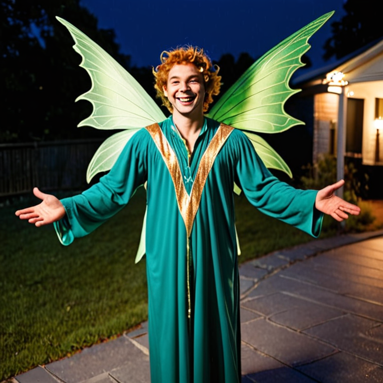 A friendly male fairy, laughing and sweet, night time, casting spells ...