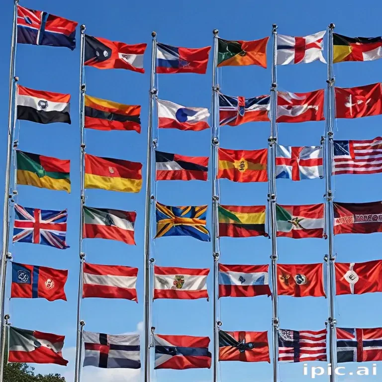 A Colorful Display of International Flags Flying Against a Bright Blue Sky