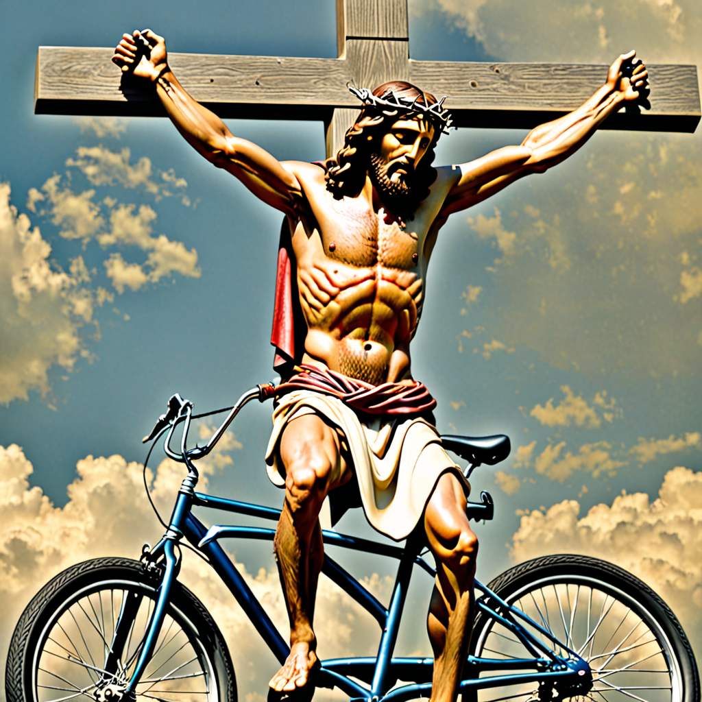 Hyper realistic photo jesus fighting with a crucifix over a bike