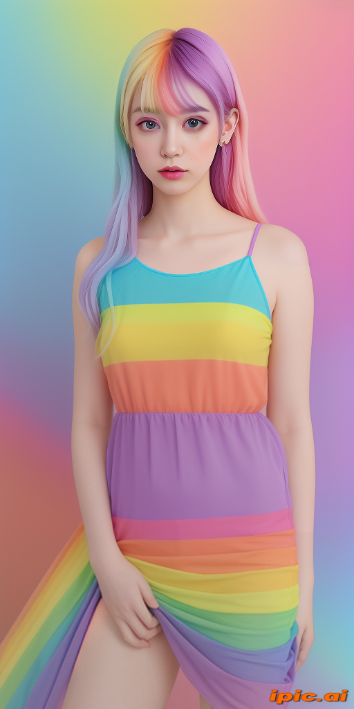 Vibrant Portrait of a Model in a Colorful Rainbow Dress