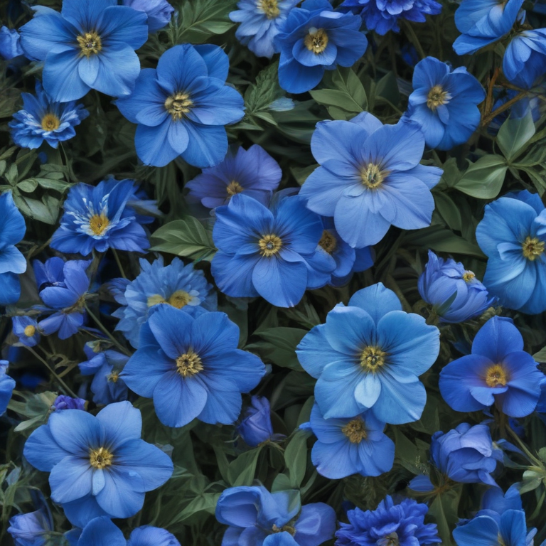 A Vibrant Display of Various Shades of Blue Flowers in Bloom.