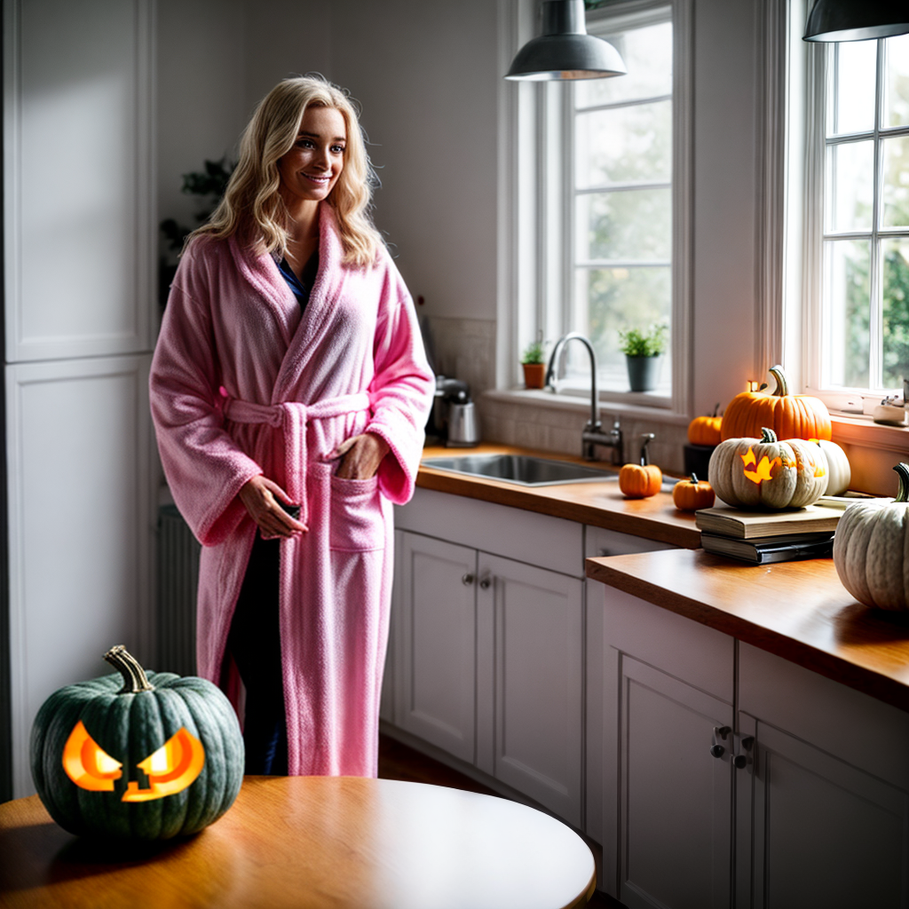 light-haired femaile in pink robe standing next to lit halloween ...