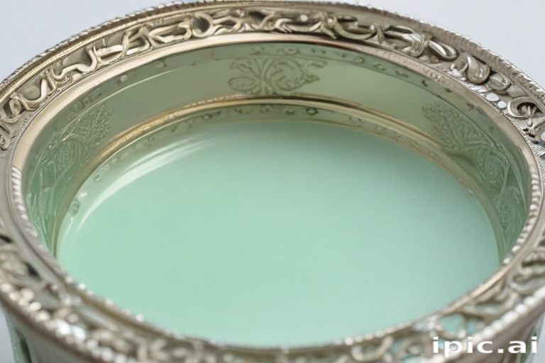 Intricate Silver Container Holding a Calm, Mint Green Liquid Inside
