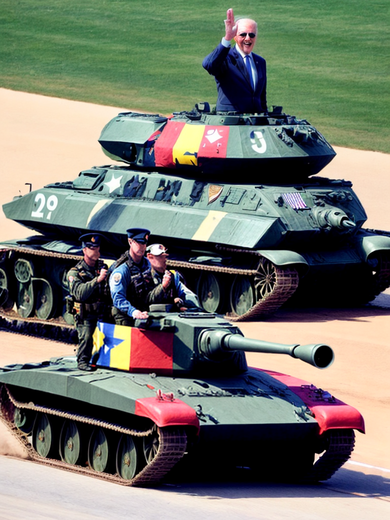 President Joe Biden riding a U.S. tank. Waving the American flag.