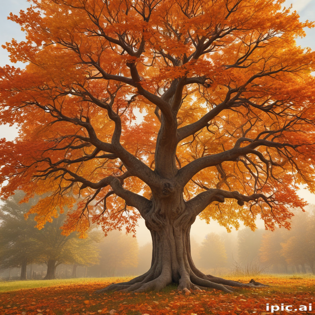 A Majestic Autumn Tree with Vibrant Orange Leaves in a Misty Landscape.