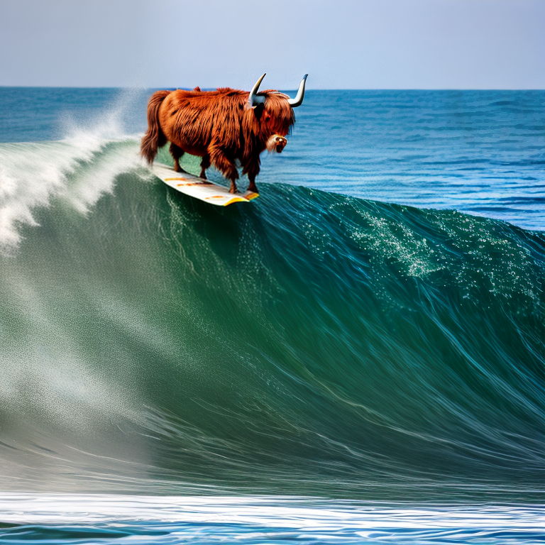 Highland cow surfing