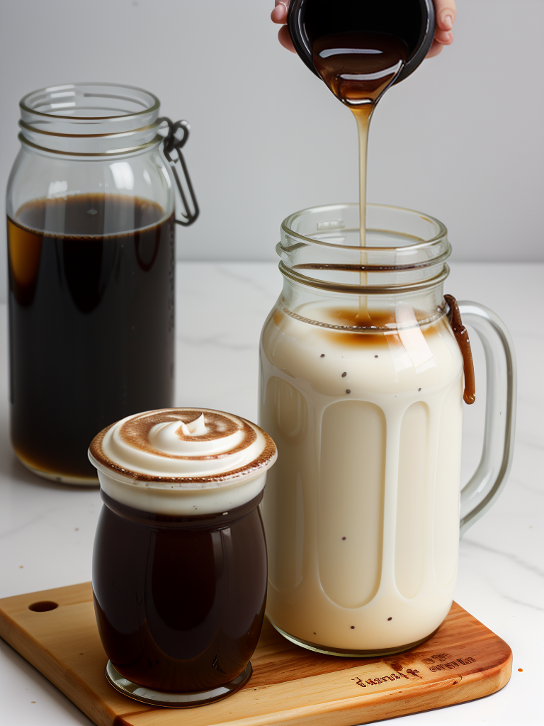 Delicious Coffee Creation: Pouring Syrup into Creamy Milk and Brewed Coffee