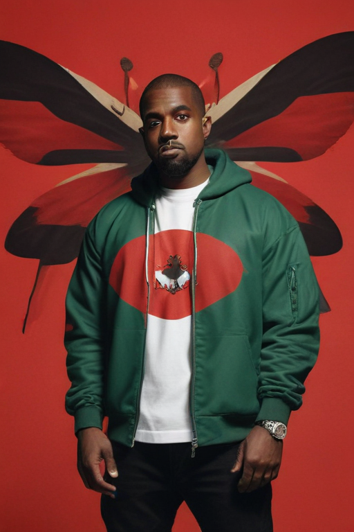 Kanye west standing in front of a giant bee with the Kenya flag on its body