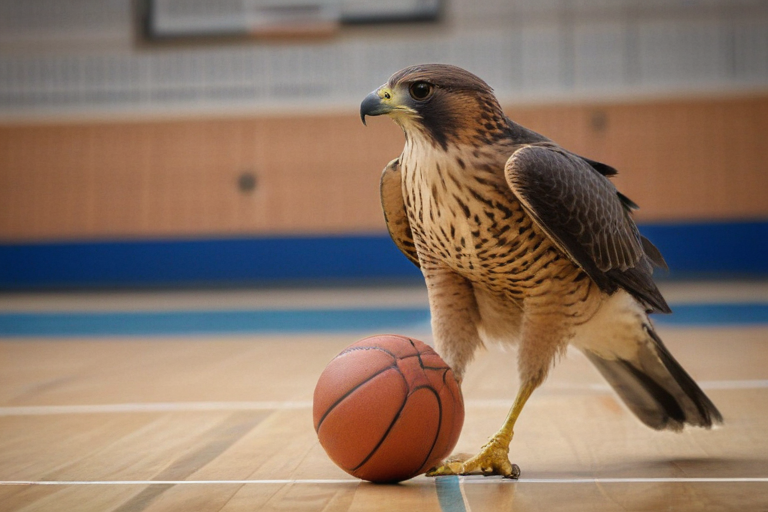 falcon bird shooting a basketball