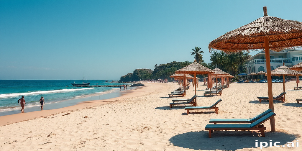 Sunny Beach Scene with Umbrella Cabanas and People Enjoying the Shoreline