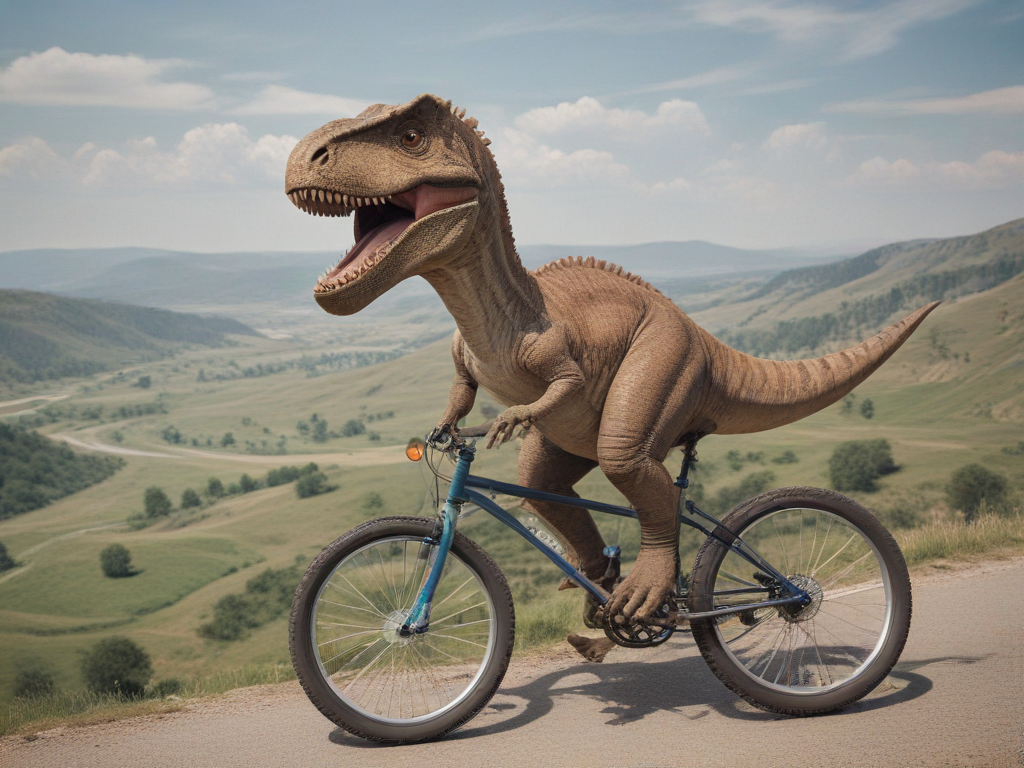 create a picture of a dinosaur on a bike in a hilly landscape