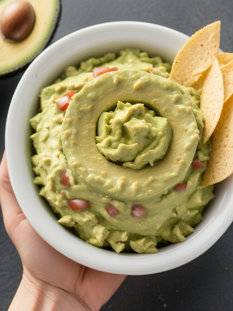 Delicious Avocado Guacamole Served in a Wooden Bowl with Garnishes.