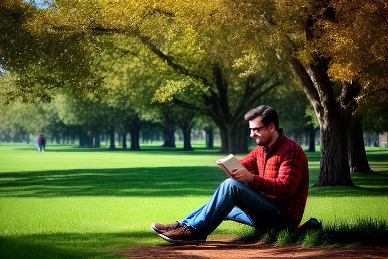 A man is sitting under a tree reading a book