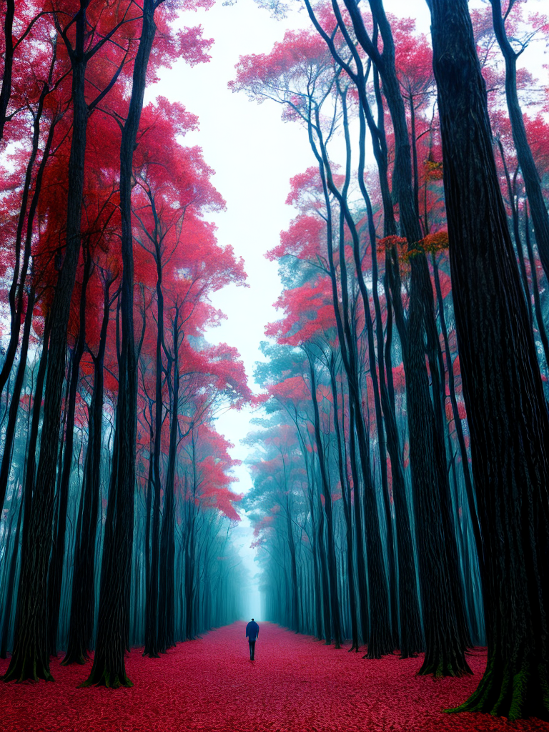 Scary forest with red leaf trees Nightmare