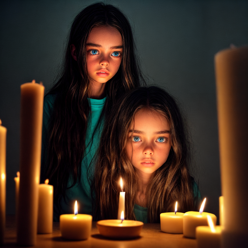 Meika woollard with big eyes in a dark room lit by candles