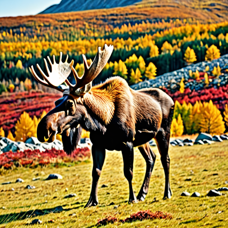 realistic moose on a field near the fjord with the background of a ...