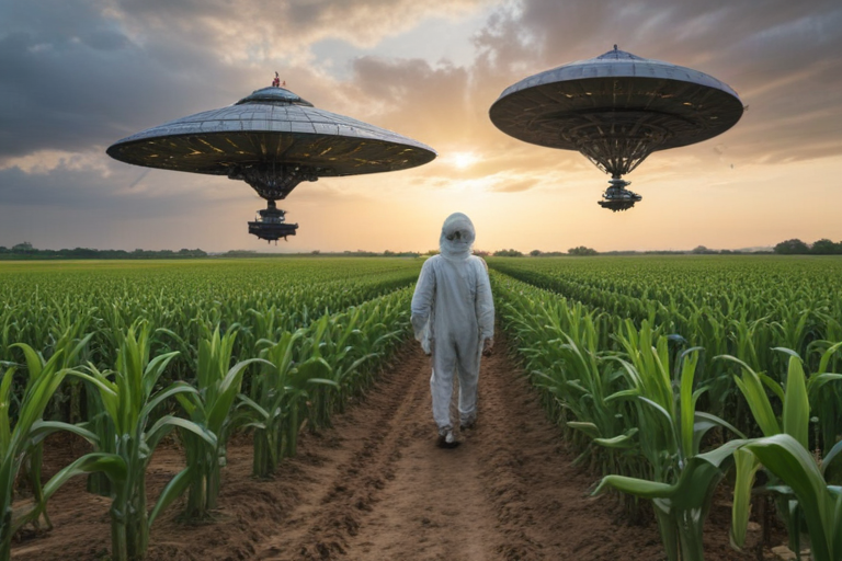 A bipedal alien whose head resembles a ceiling fan standing next to a ...