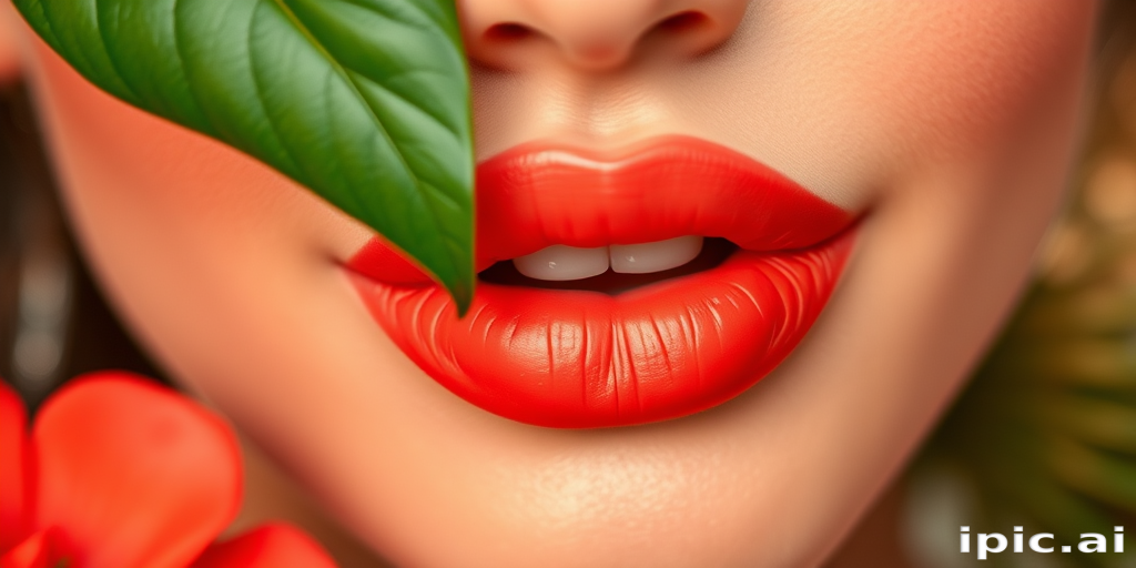 Vibrant Close-Up of Glossy Red Lips Framed by Lush Green Leaves
