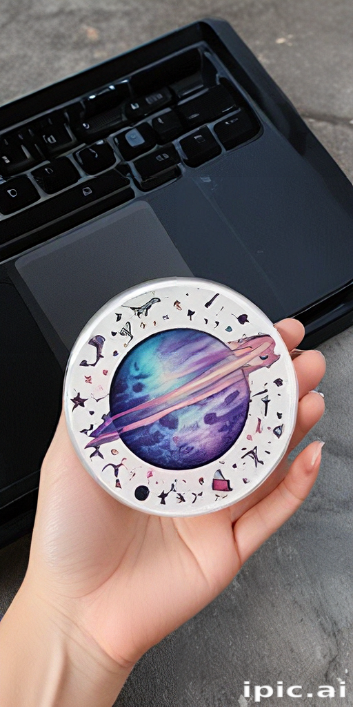 Colorful Planetary Design on a Round Coaster Next to a Laptop