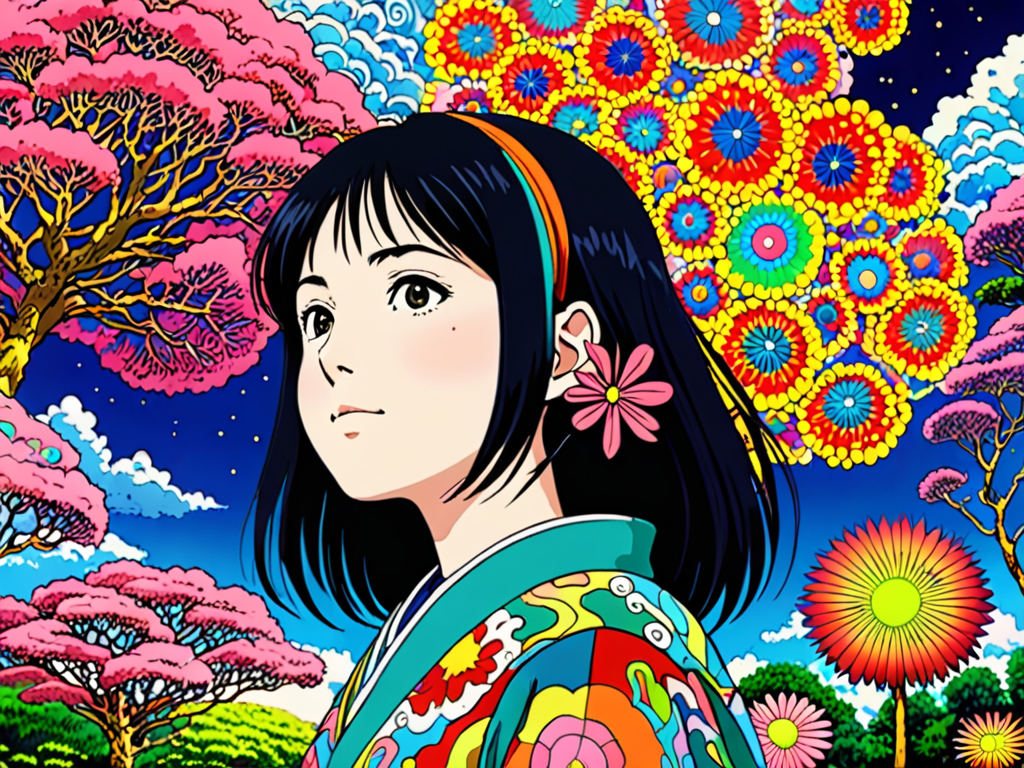 psychedelic ghibli, trippy girl, anime, manga