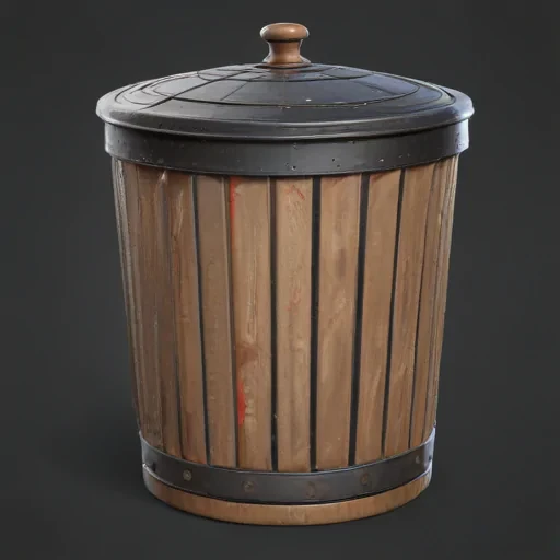A Rustic Wooden Trash Can with a Metal Lid and Decorative Details