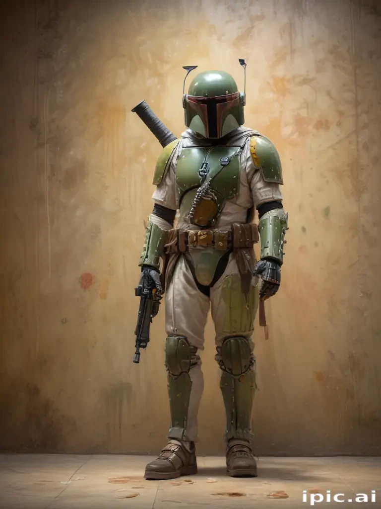 Iconic Bounty Hunter Boba Fett in Detailed Armor Stands Ready for Action