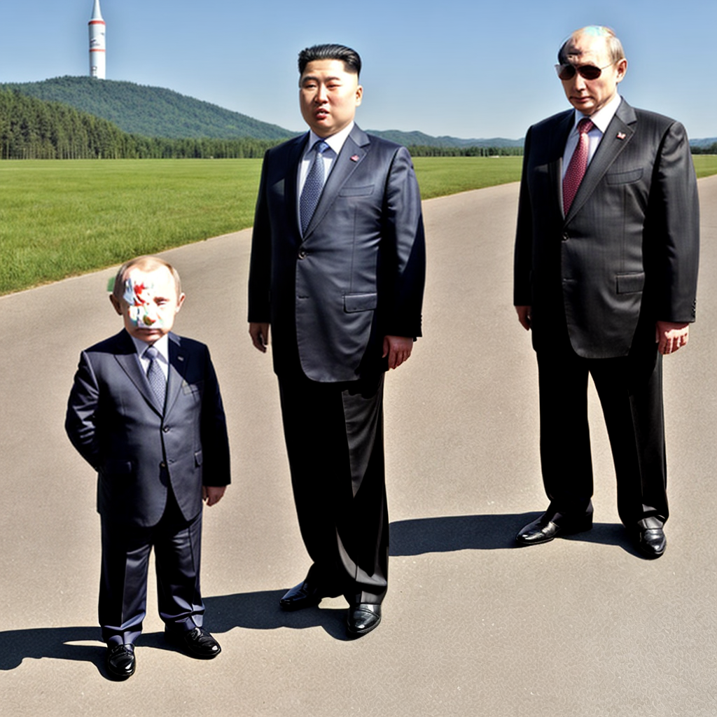 Midget sized Vladimir Putin stood next to tall Kim Jung Un with a ...