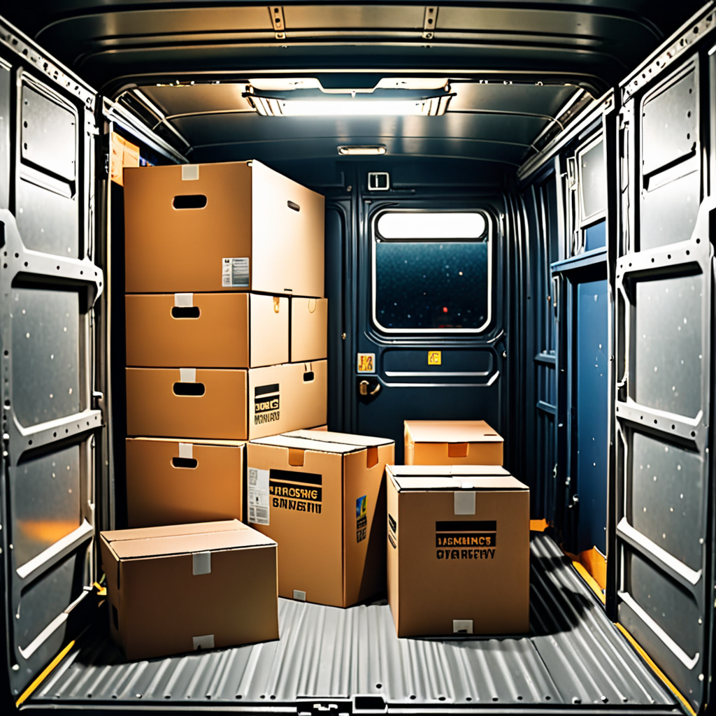 inside the back of messy transit box van boxes, rubbish dimly lit ...