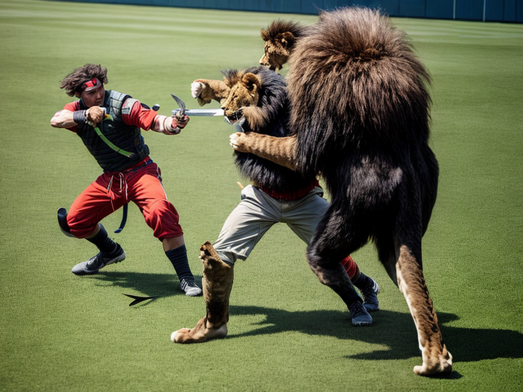 A warrior holding a sword in his hand to face the furious attacking lion