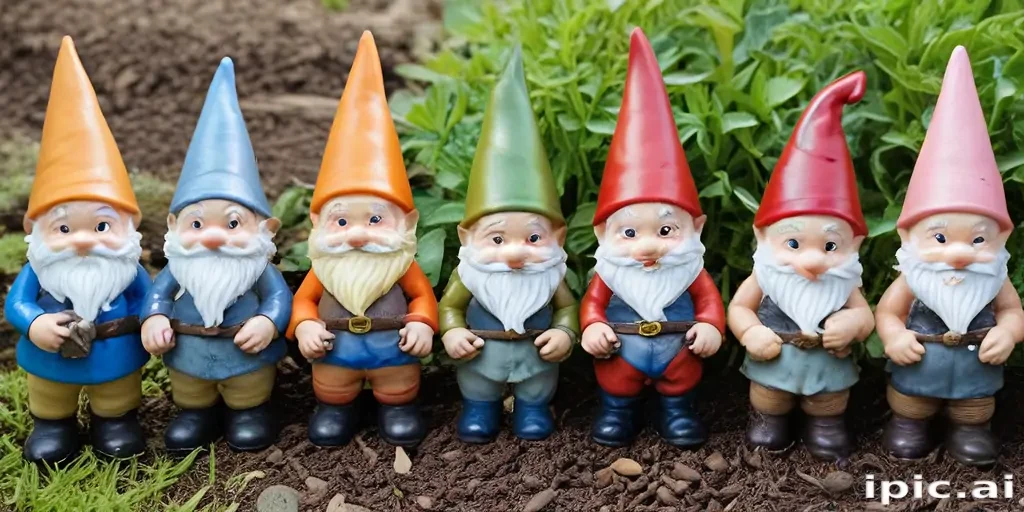 A Colorful Group of Garden Gnomes Standing in a Lush Green Garden.