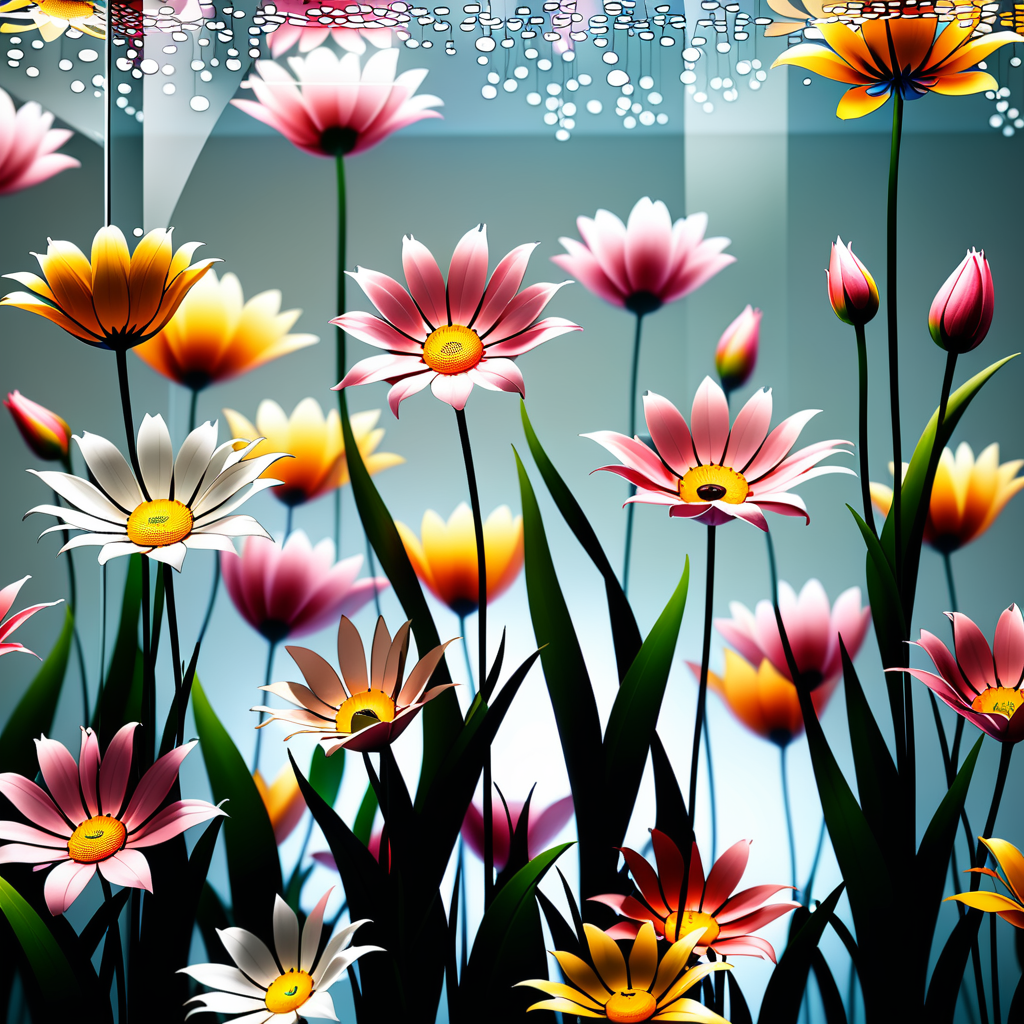 Vibrant Garden of Colorful Flowers Dancing Under Gentle Raindrops in Spring