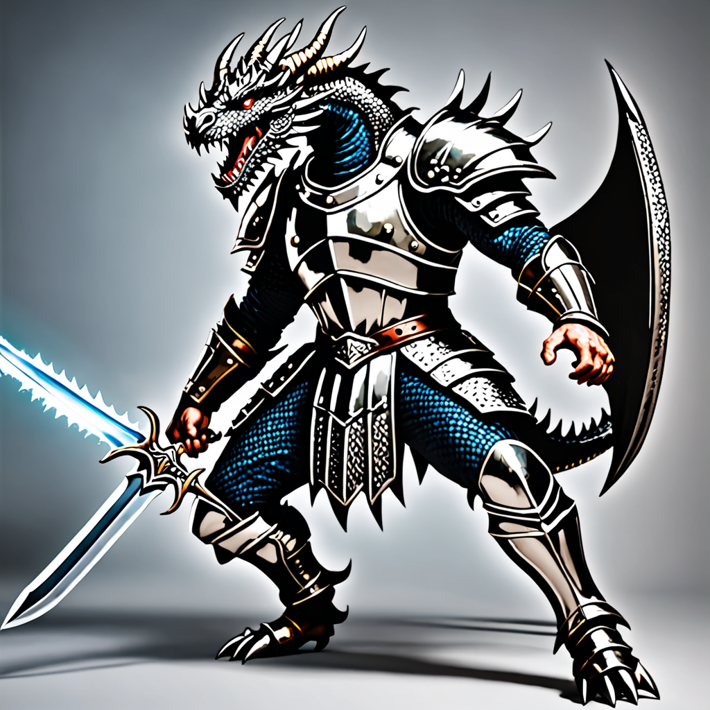 a half-dragon man with metal armor and a sword fighting in RPG style