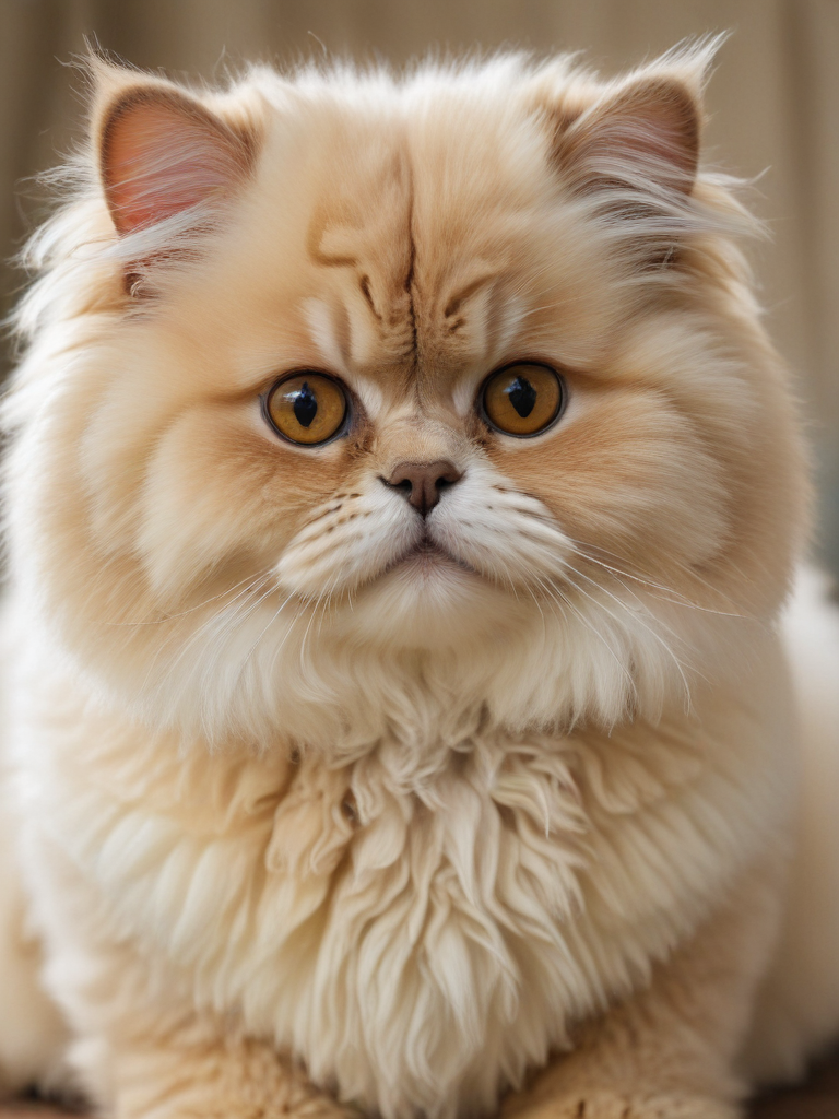 A Fluffy Cream-Colored Cat with Big Round Eyes and Adorable Expression.