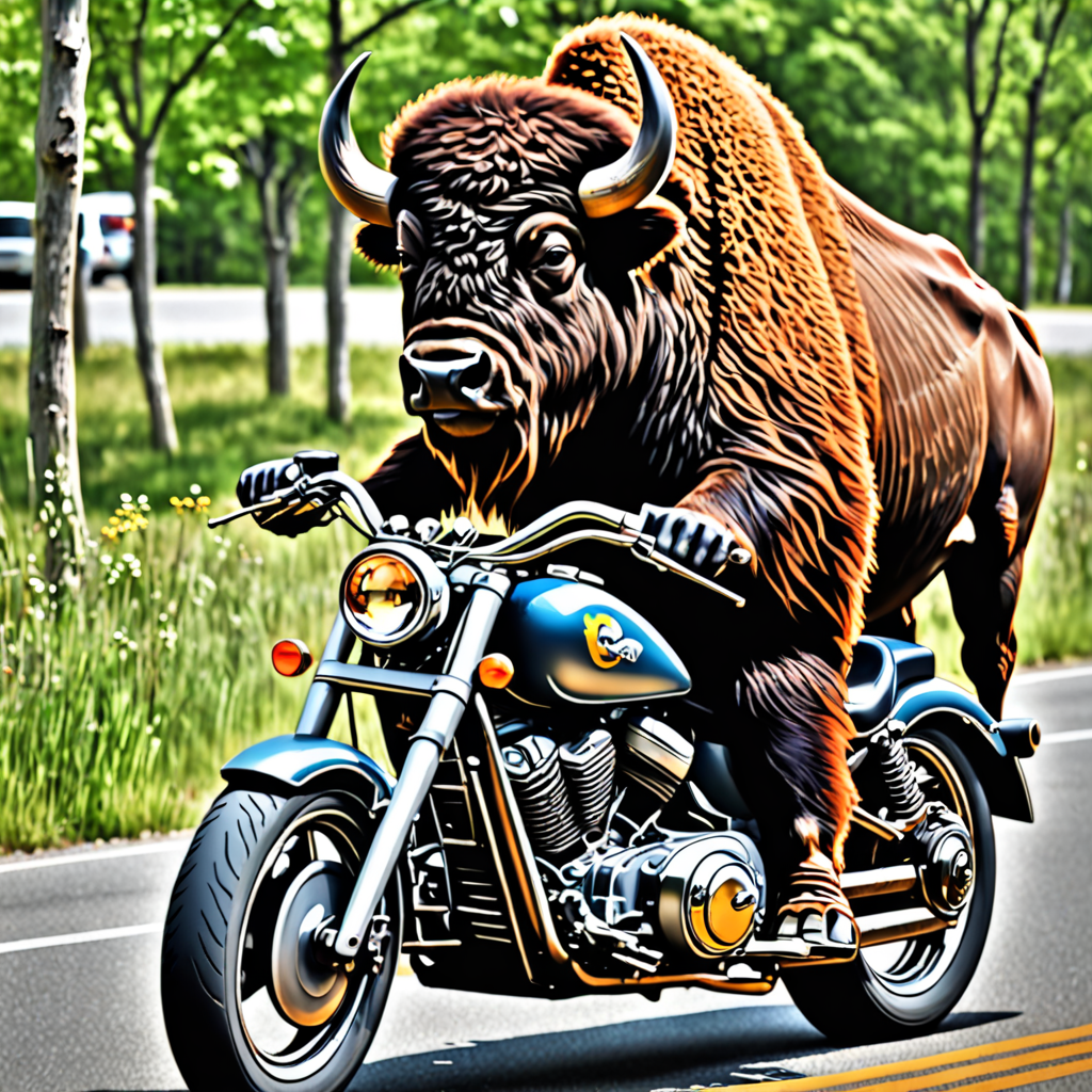 cartoon bison riding away on a motorcycle