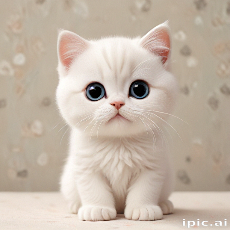 Adorable fluffy white kitten with big blue eyes sitting cutely.