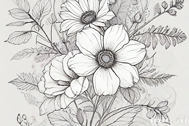 Detailed Line Art of Elegant Flowers Surrounded by Delicate Foliage