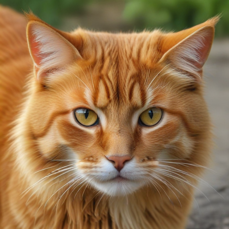 A Majestic Orange Cat with Striking Eyes Posing Gracefully Outdoors.