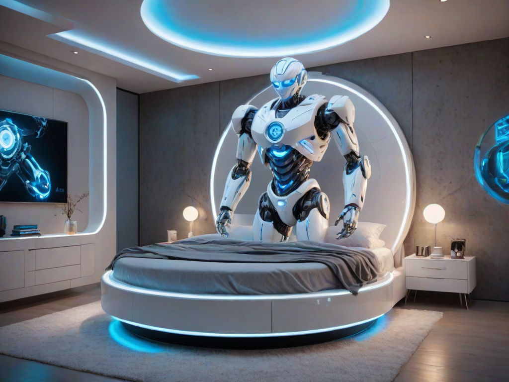 Futuristic Bedroom Featuring a High-Tech Robot Standing Beside a Modern Bed