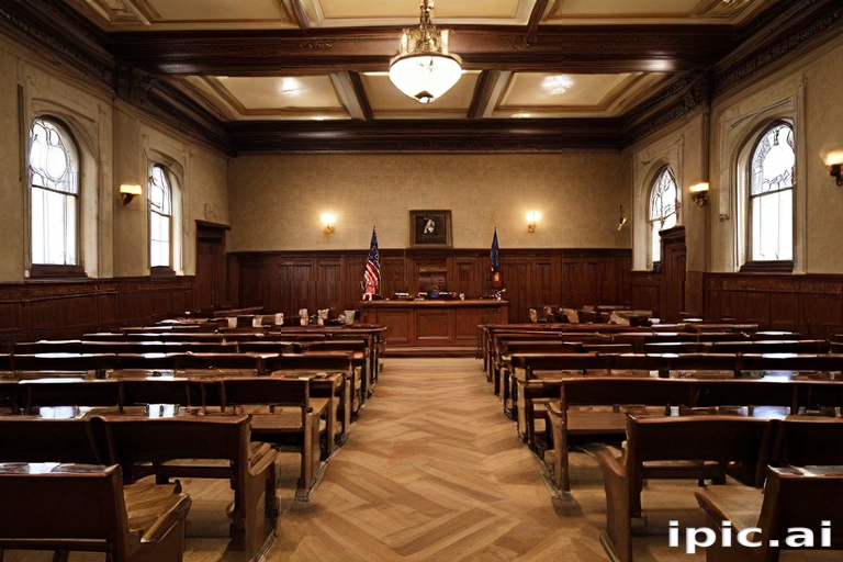Interior View of a Traditional Courtroom with Wooden Furnishings and Flags
