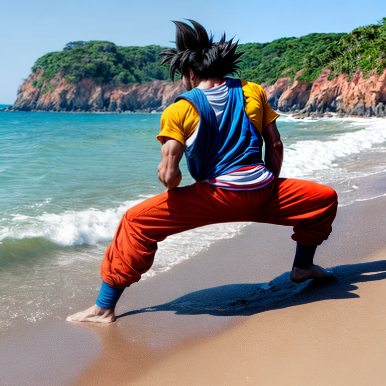 Goku lowering his pants on the beach