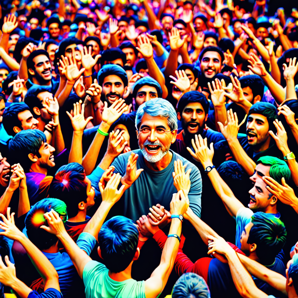 a crowd of grey people surrounding a person in bright colors of light