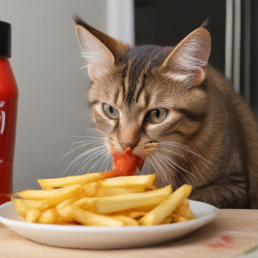 Cat eating fries with ketchup