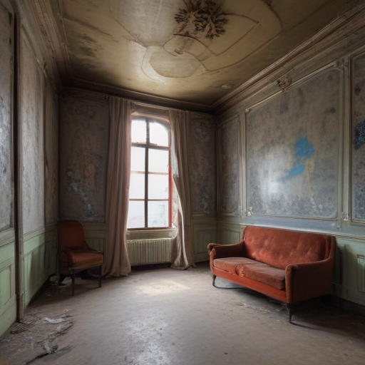 urbex room with ornate ceiling, vintage furniture,curtains, big windows ...