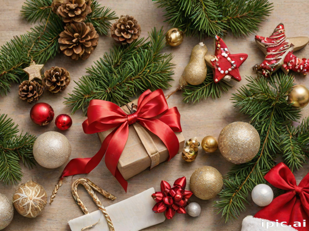 Festive Holiday Arrangement Featuring Ornaments, Gift, and Pine Decorations