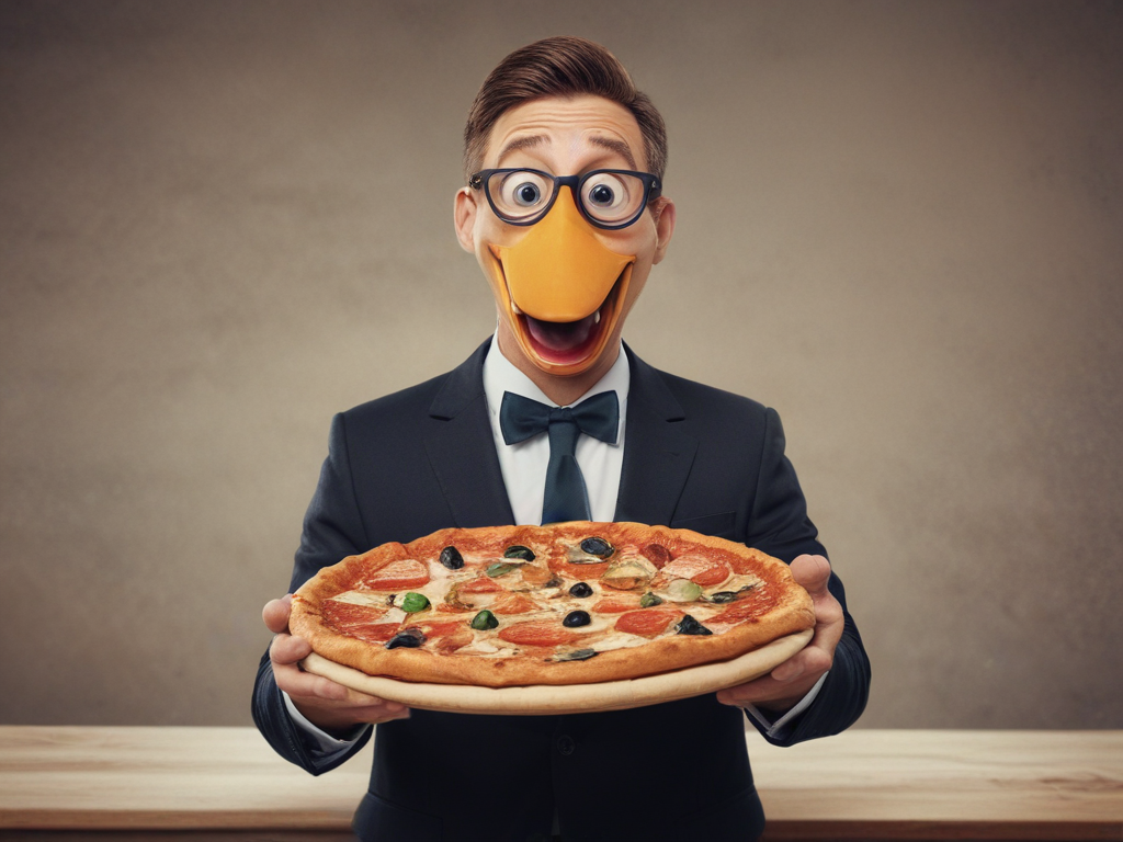 A happy financial banker, who is a cartoon duck, looking at a delicious ...
