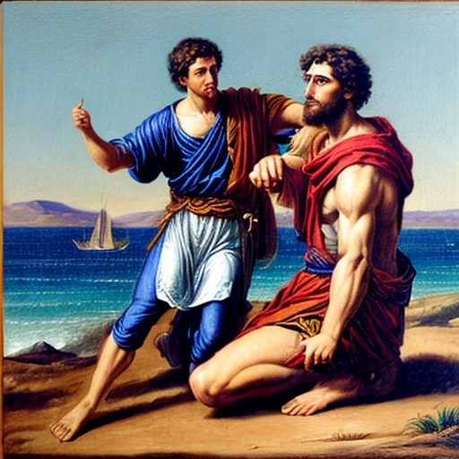 Painting of Telemachus and Odysseus, divided by a line, in their ...