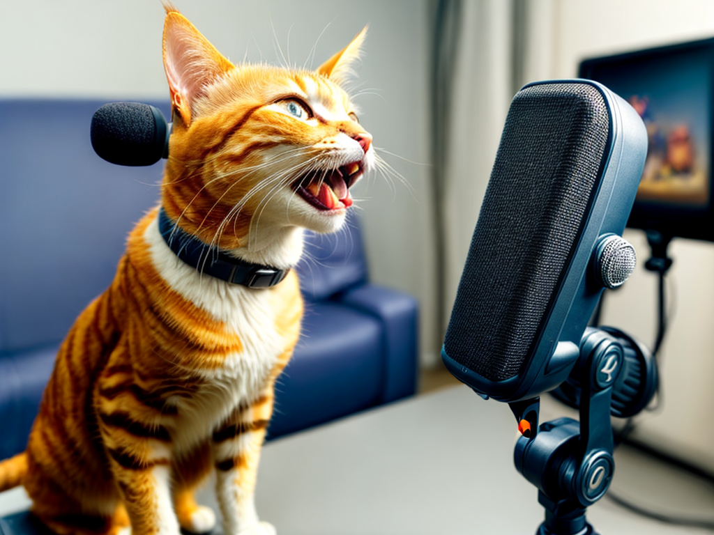 Cat singing into microphone, recording studio