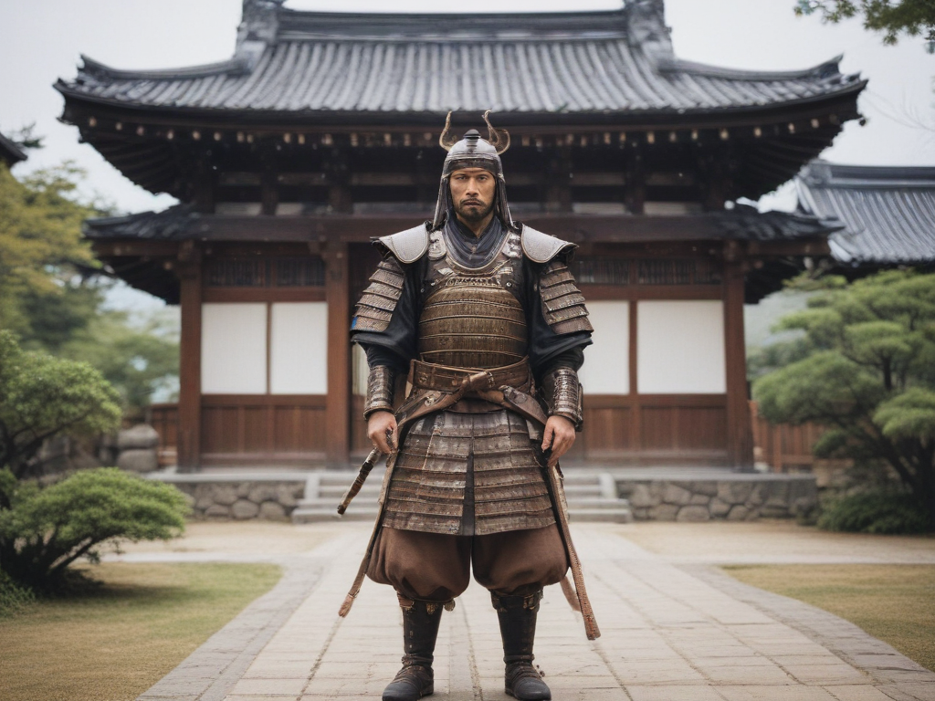 Feudal Japanese Samurai in brown Samurai armor standing in front of a ...