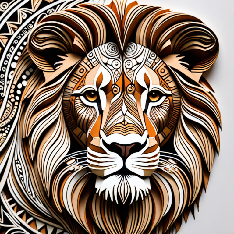 lion, zentangle ornaments, geometry, head contour, light brown, white ...