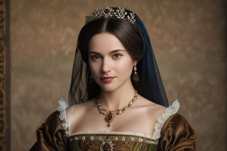 realistic and powerful photo of queen Anne Boleyn in real life, olive ...